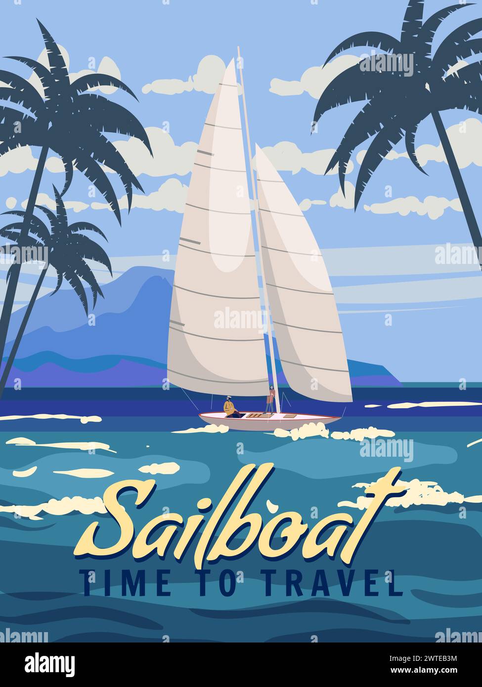 Sailboat Time To Travel poster retro, sailing ship on the ocean, sea ...