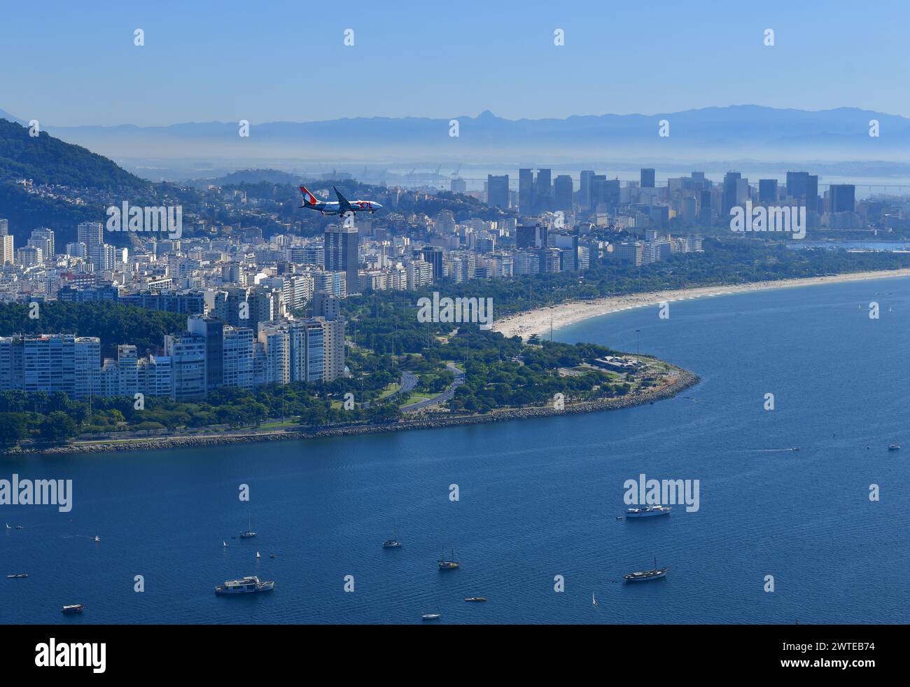 Airplane flying over the Guanabara Bay before landing. Rio de Janeiro ...