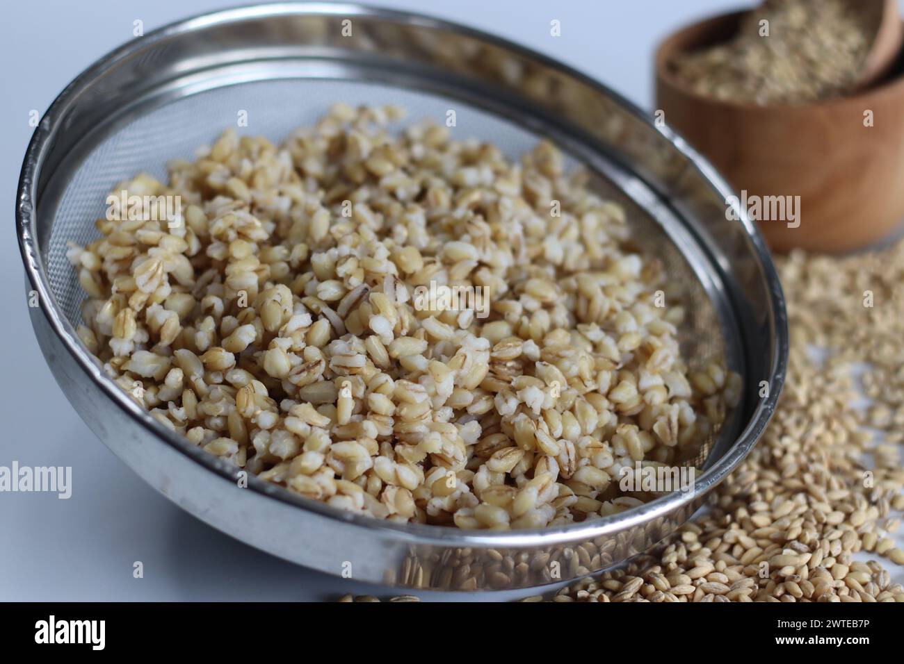Soaked whole grain hulled barley in the strainer. Whole grain ...