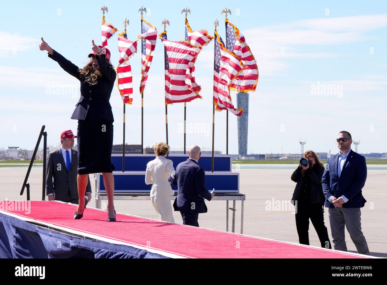 South Dakota Gov. Kristi Noem gestures to the crowd prior to remarks ...