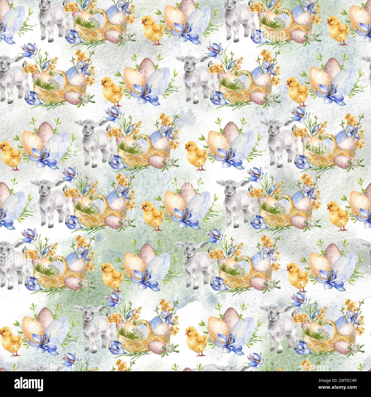 Easter floral seamless pattern with lamb and chick. Easter eggs in ...