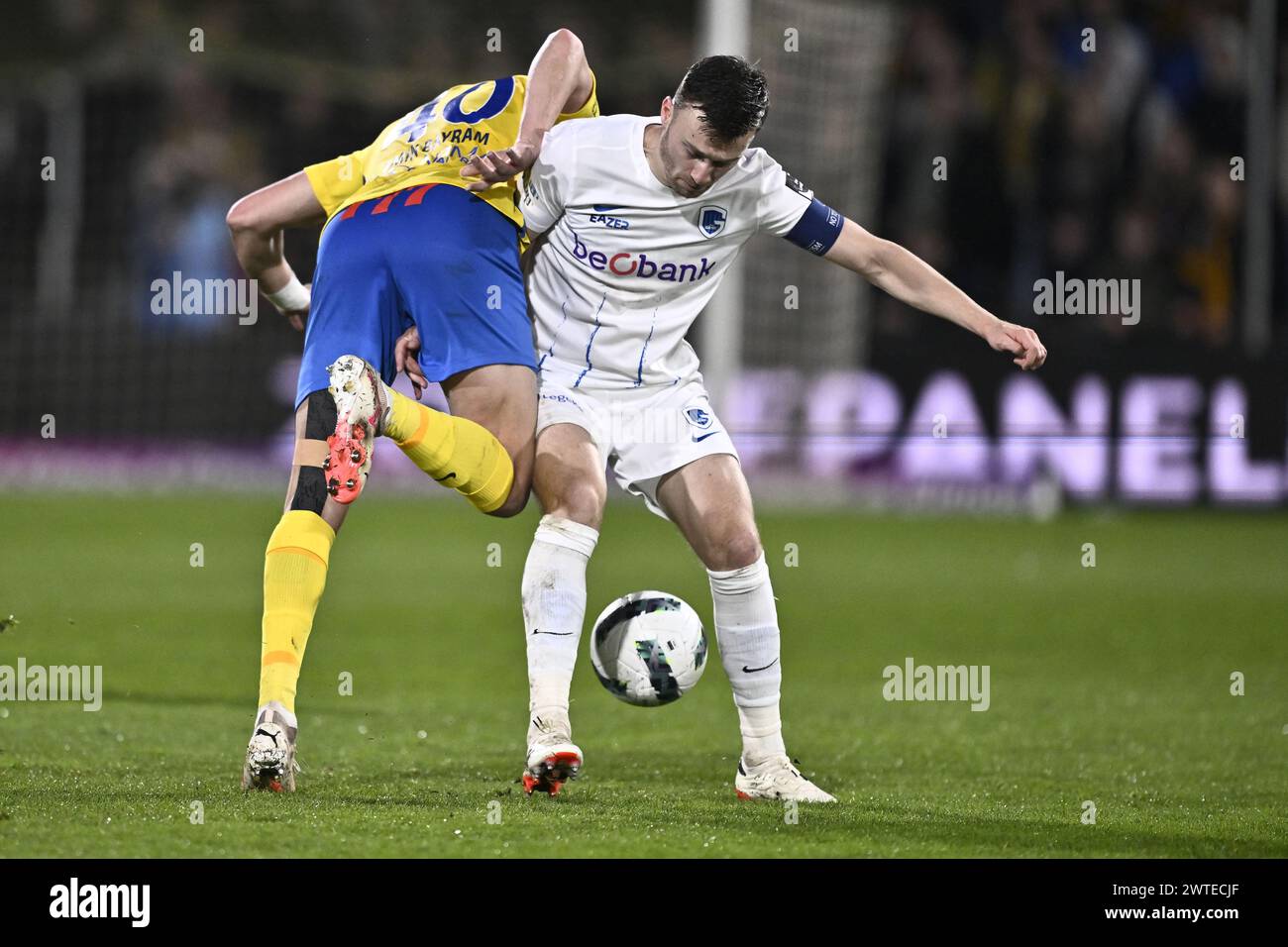 Westerlo, Belgium. 17th Mar, 2024. Genk's Bryan Heynen and Westerlo's ...
