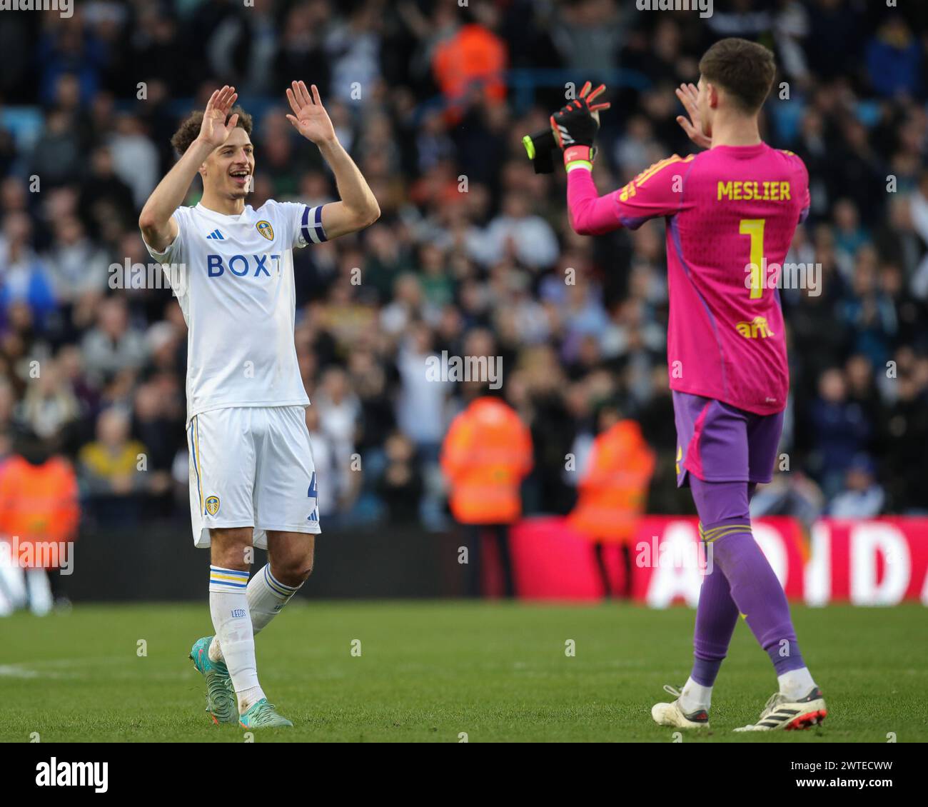 Ethan Ampadu of Leeds United celebrates with Illan Meslier of Leeds ...