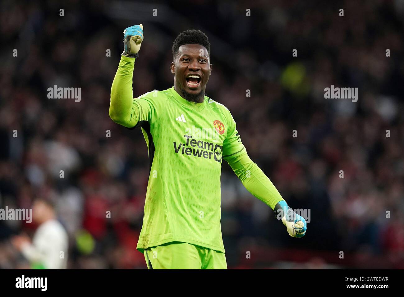 Manchester United goalkeeper Andre Onana celebrates following the ...