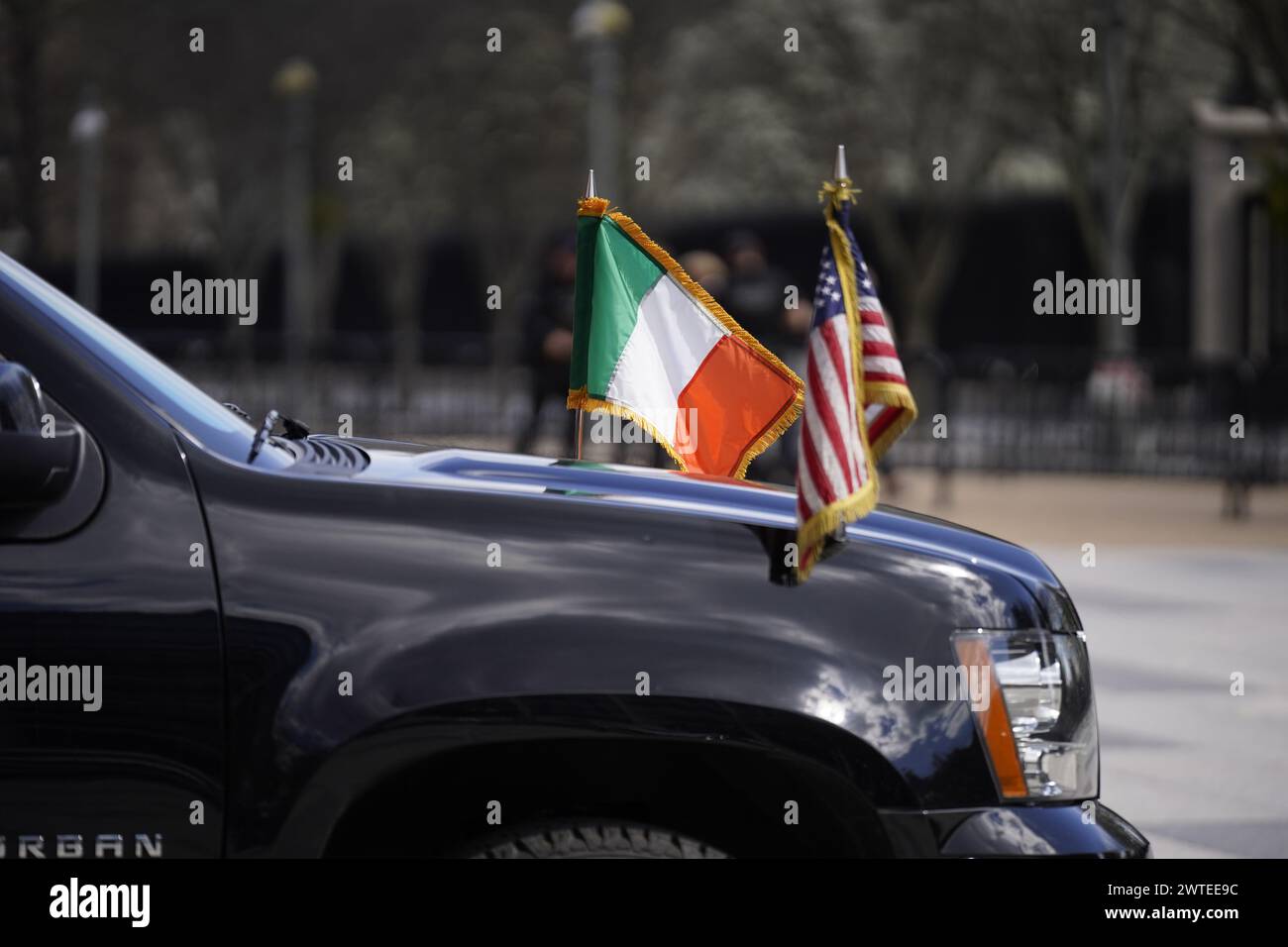 Flags on Taoiseach Leo Varadkar motorcade in Washington DC, during his ...