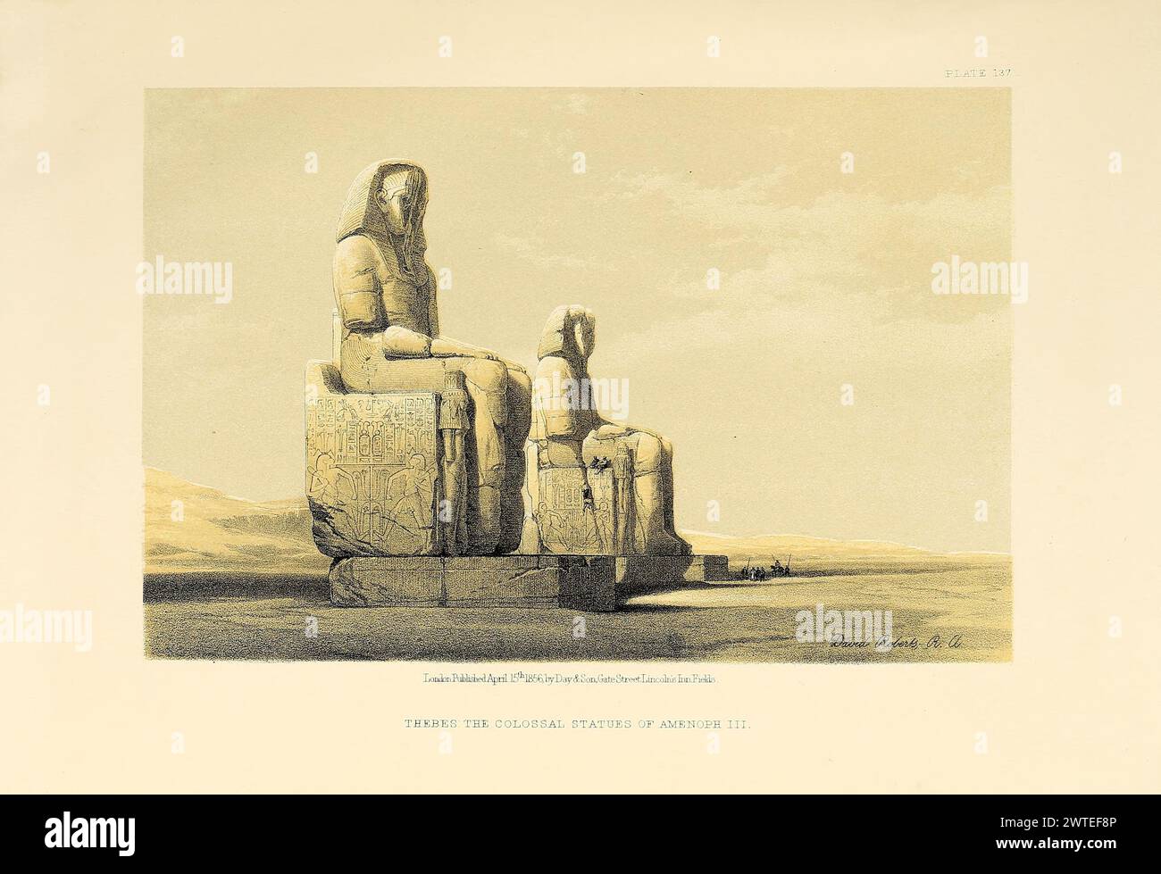 Thebes the Colossal Statues of Amenopp III, Egypt. Vintage lithography ...