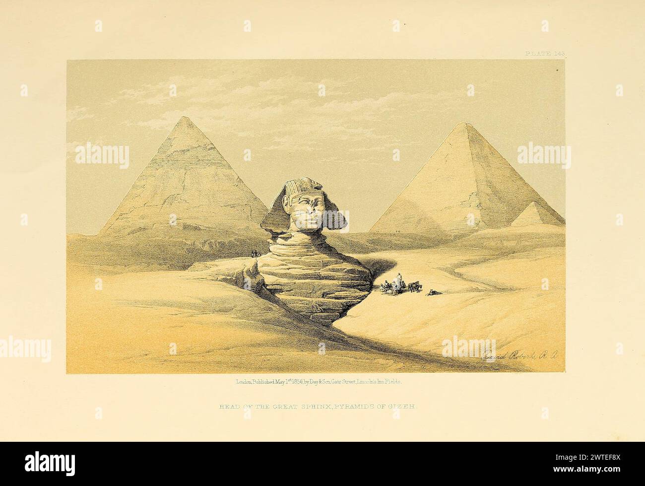 Head of the Great Sphinx, Pyramids of Gizeh, Egypt. Vintage lithography ...