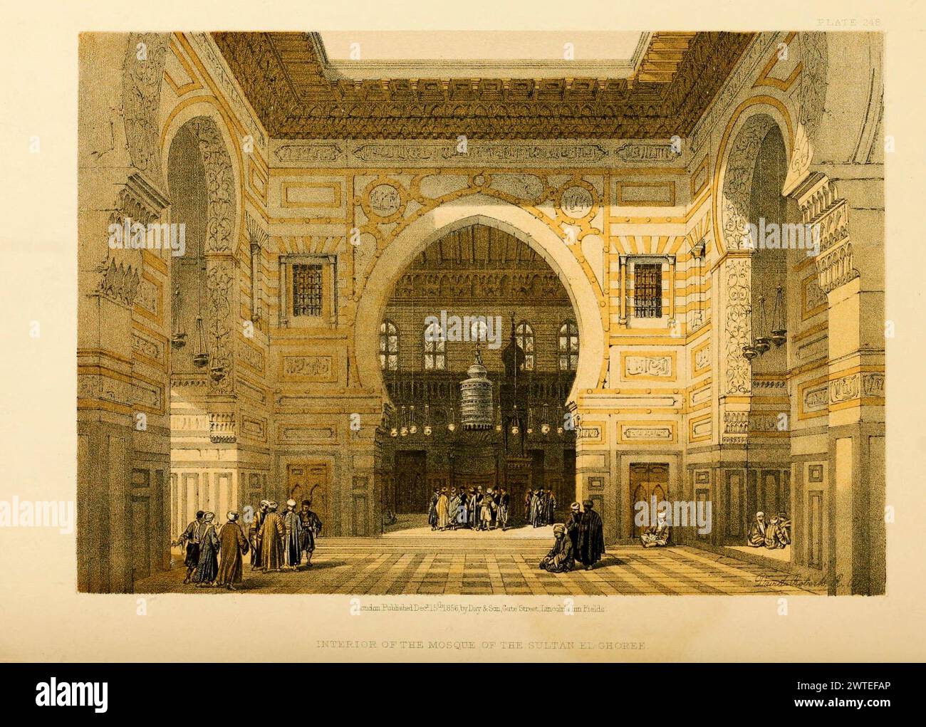 Interior of the Mosque of the Sultan El-Ghoree. Vintage lithography ...