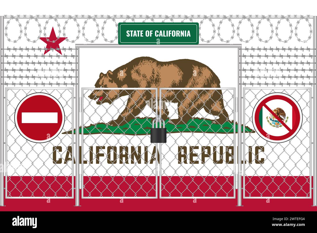 California flag behind barbed wire and a fence with a lock. The problem ...