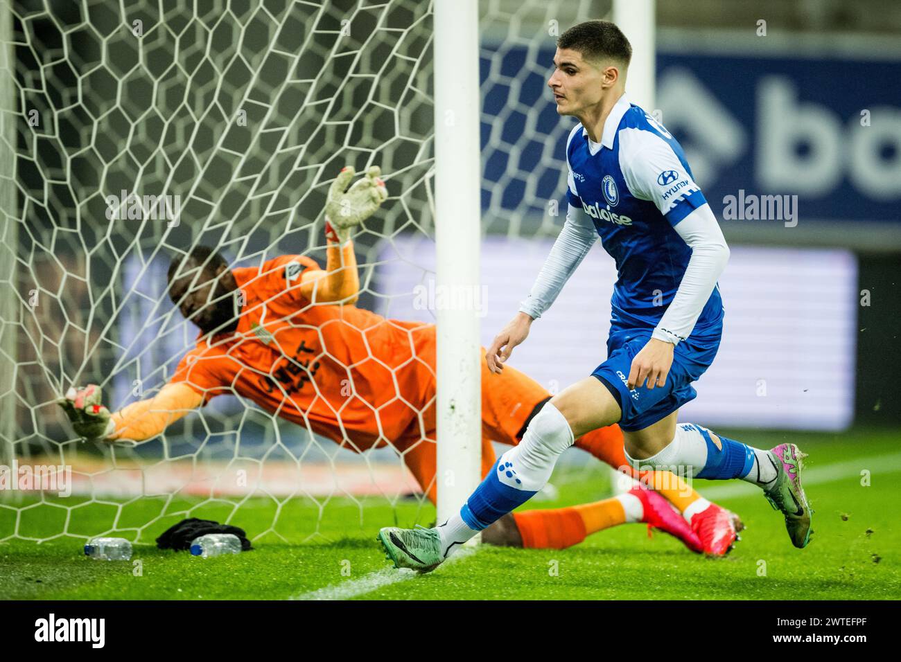 Gent, Belgium. 17th Mar, 2024. Gent's Matias Fernandez-Pardo scores a ...