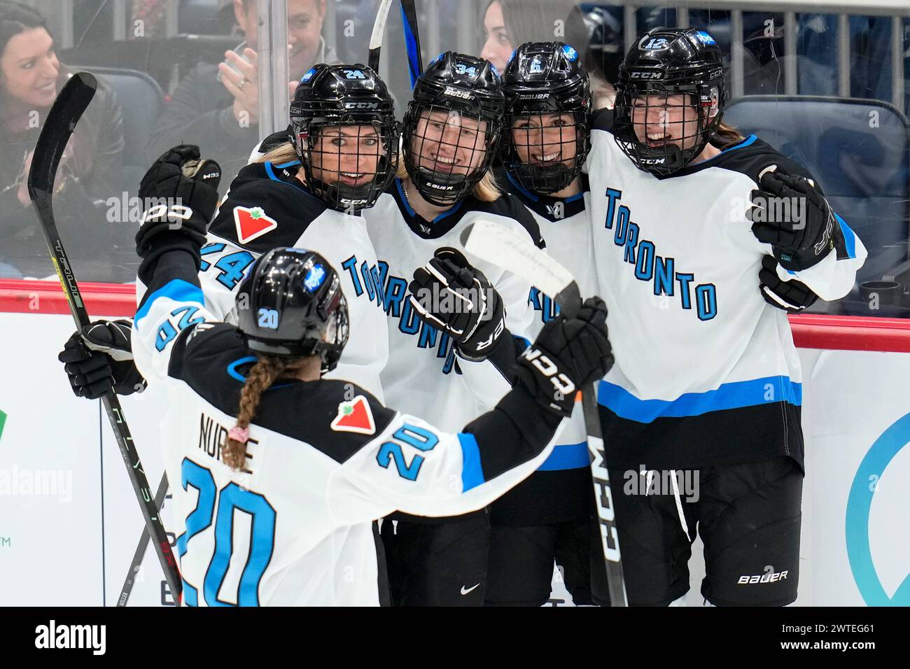 Toronto's Hannah Miller (34) celebrates her goal with Natalie Spooner ...