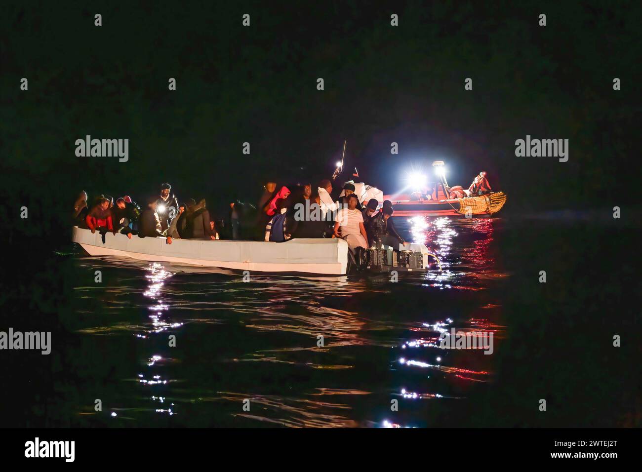 Libyan Sar Zone, Libya. 16th Mar, 2024. A small fiberglass boat full of ...