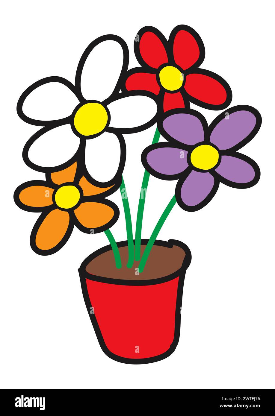 Flower pot with colorful flowers. Cartoon drawing isolated on white ...