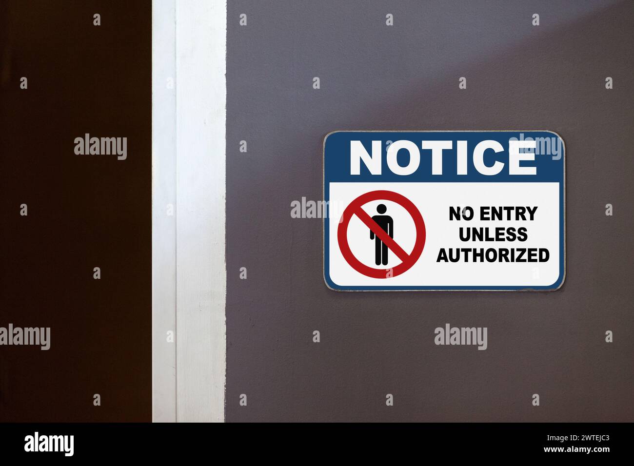 Blue and white notice sign on the side of an open door stating "Notice ...