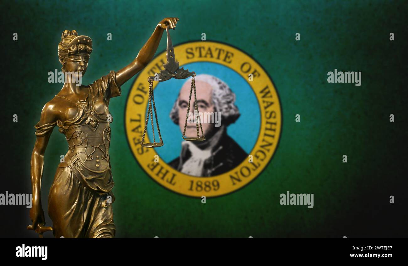 Close-up of a small bronze statuette of Lady Justice before a flag of ...
