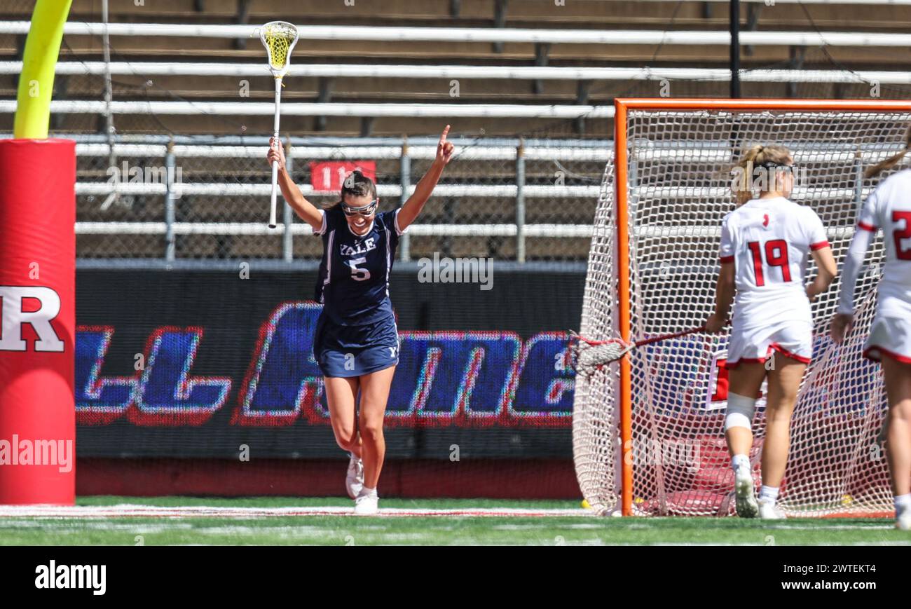 Piscataway, NJ, USA. 17th Mar, 2024. Yale midfielder Sky Carrasquillo ...