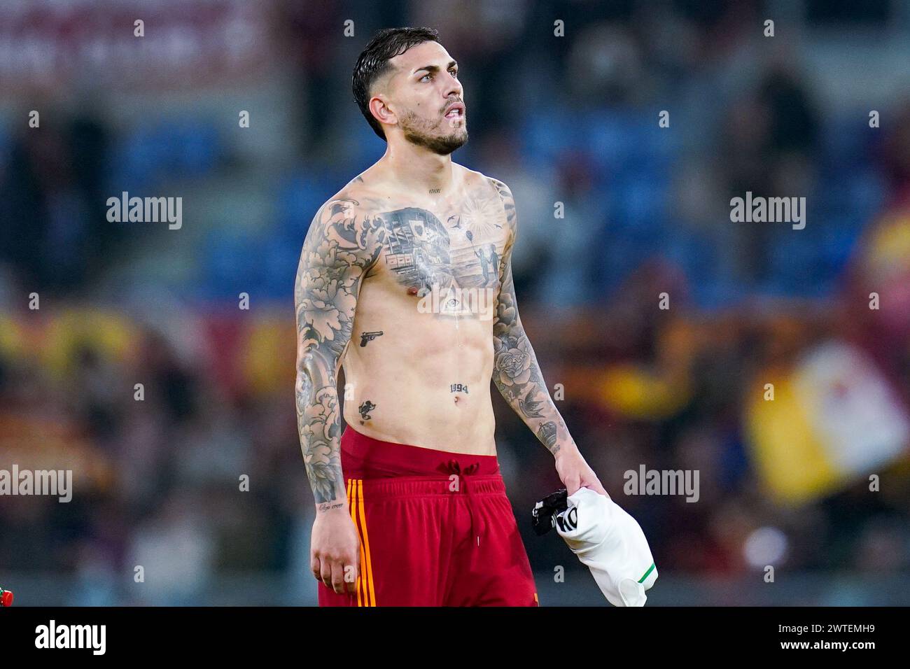 Rome, Italy. 17th Mar, 2024. Leandro Paredes of AS Roma shows his ...