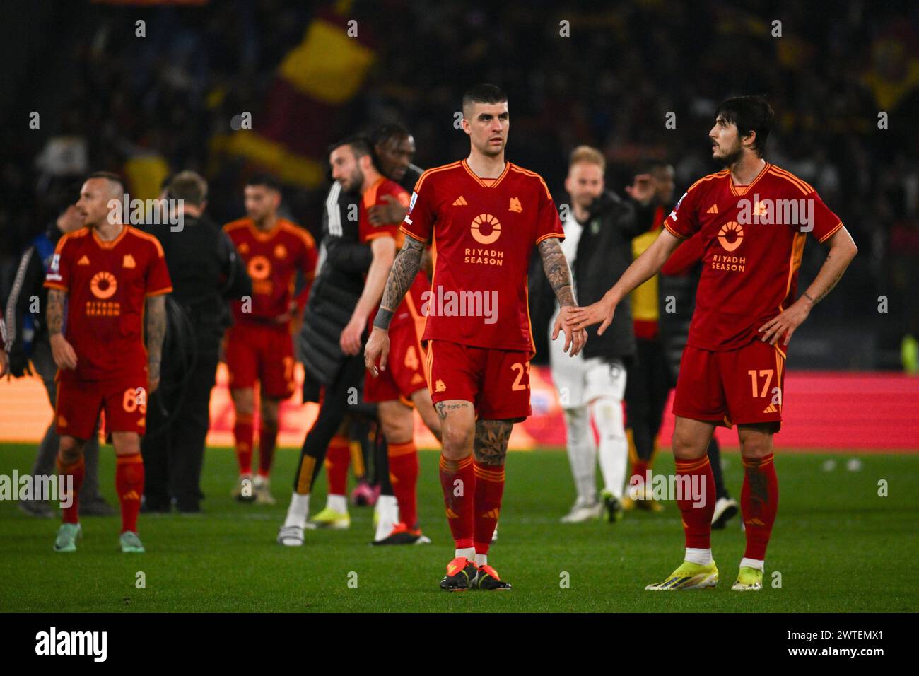 Gianluca Mancini and Sardar Azmoun of A.S. Roma greets the fans during ...