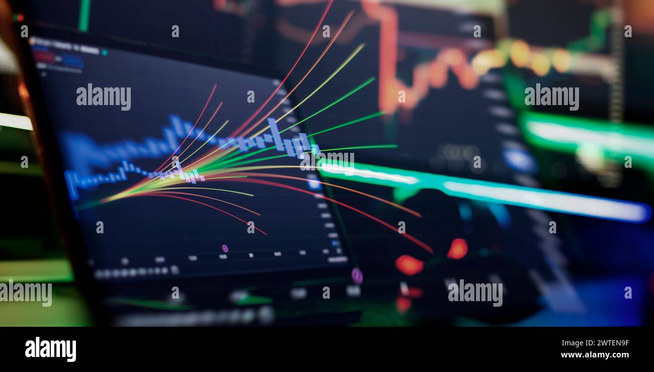 Financial chart with up trend line graph. Stock market or forex trading graph and candlestick ...