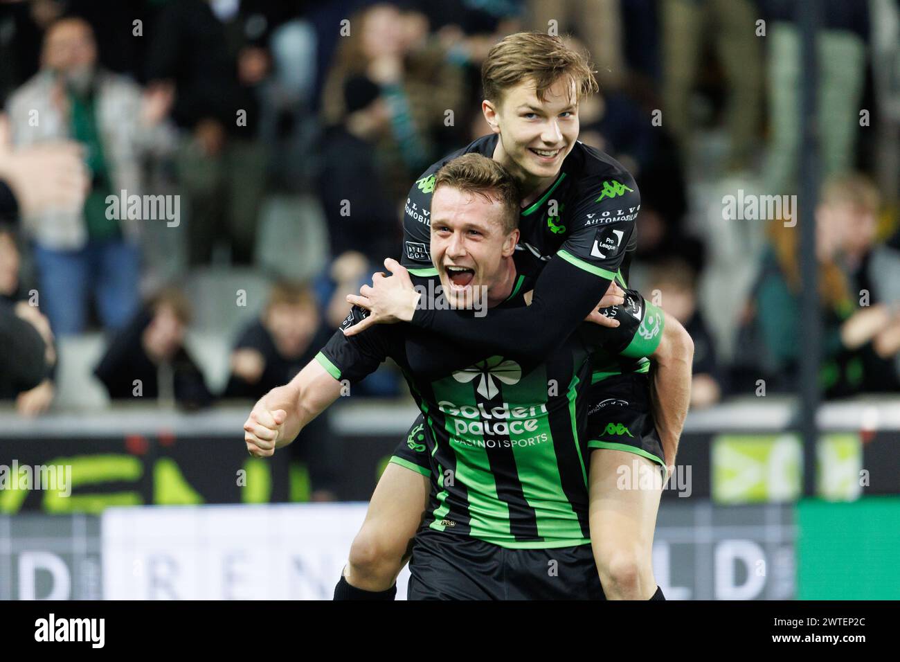 Brugge, Belgium. 17th Mar, 2024. Cercle's Thibo Somers celebrates after ...