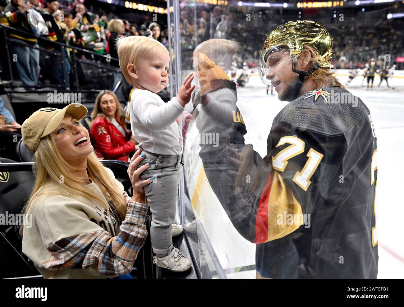 Vegas Golden Knights center William Karlsson (71) greets his son ...