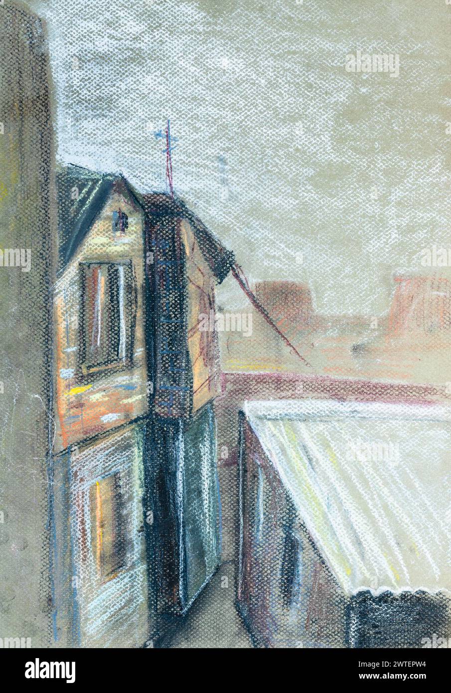old city houses on street drawn by hand with dry pastels on colored ...