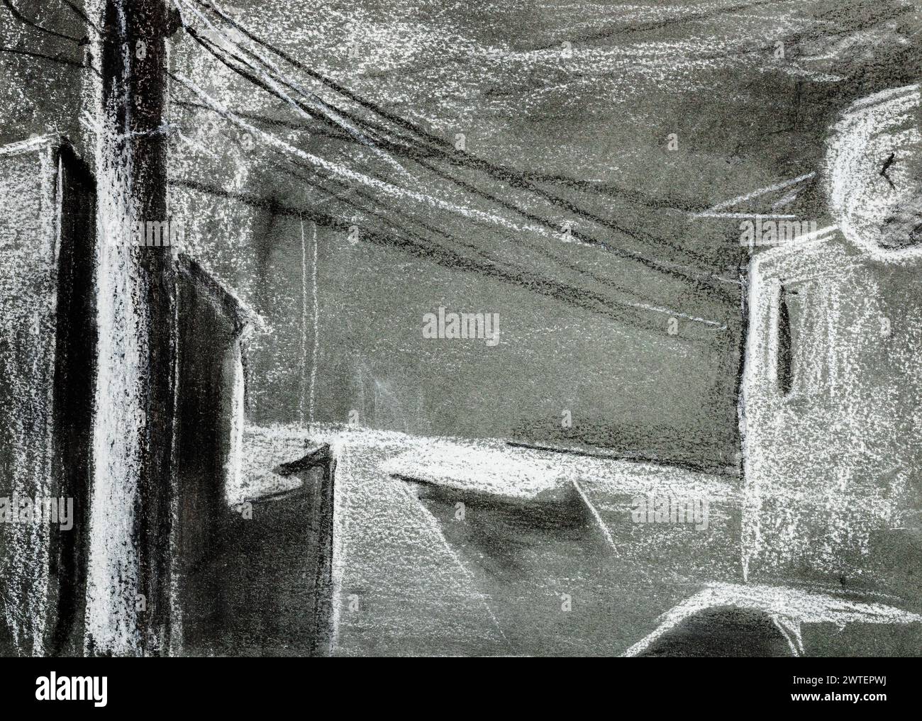 snow-covered tree branches and wires above houses on winter night in ...