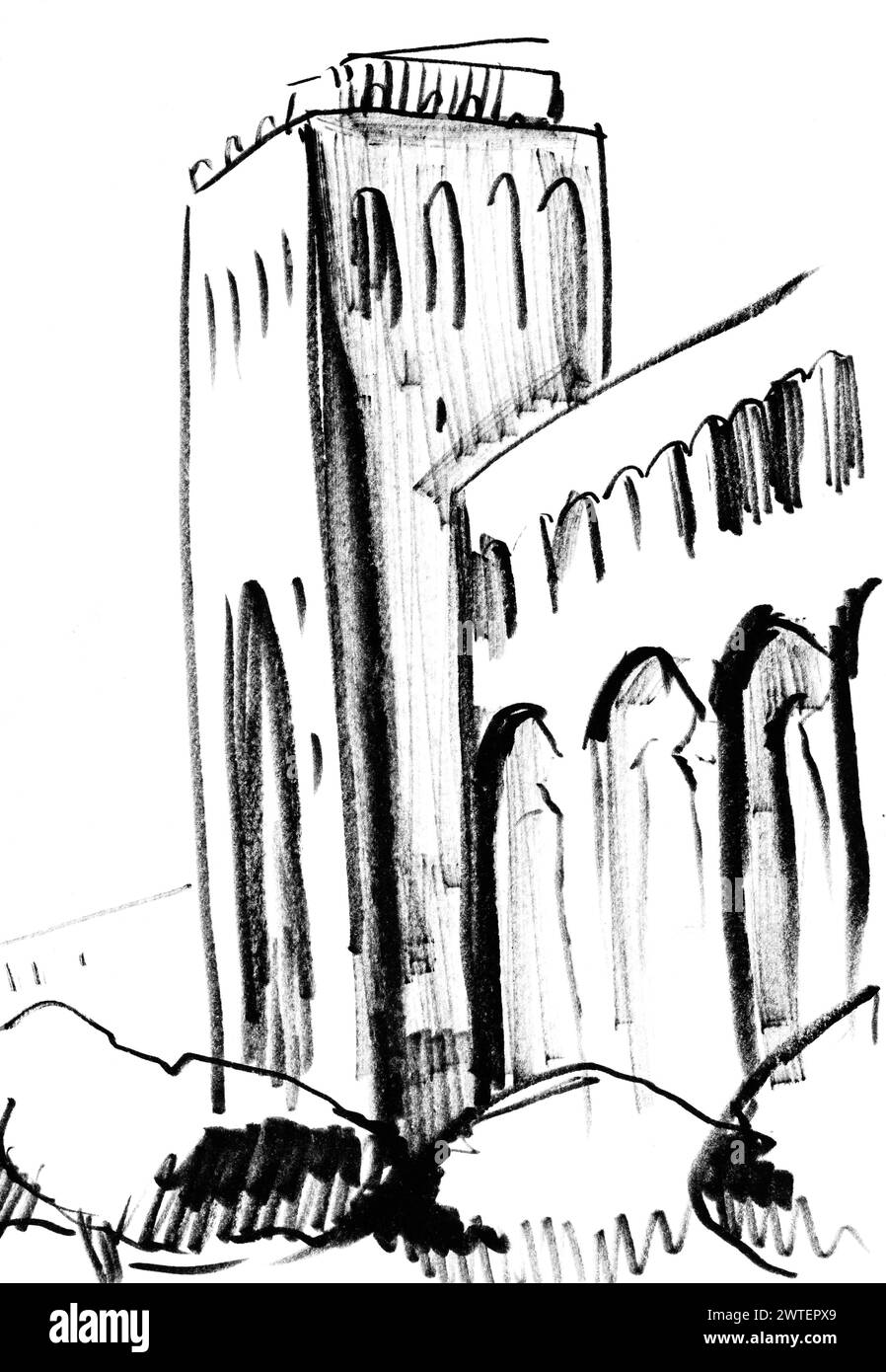 tower of government building drawn by hand in black felt-tip pen on ...