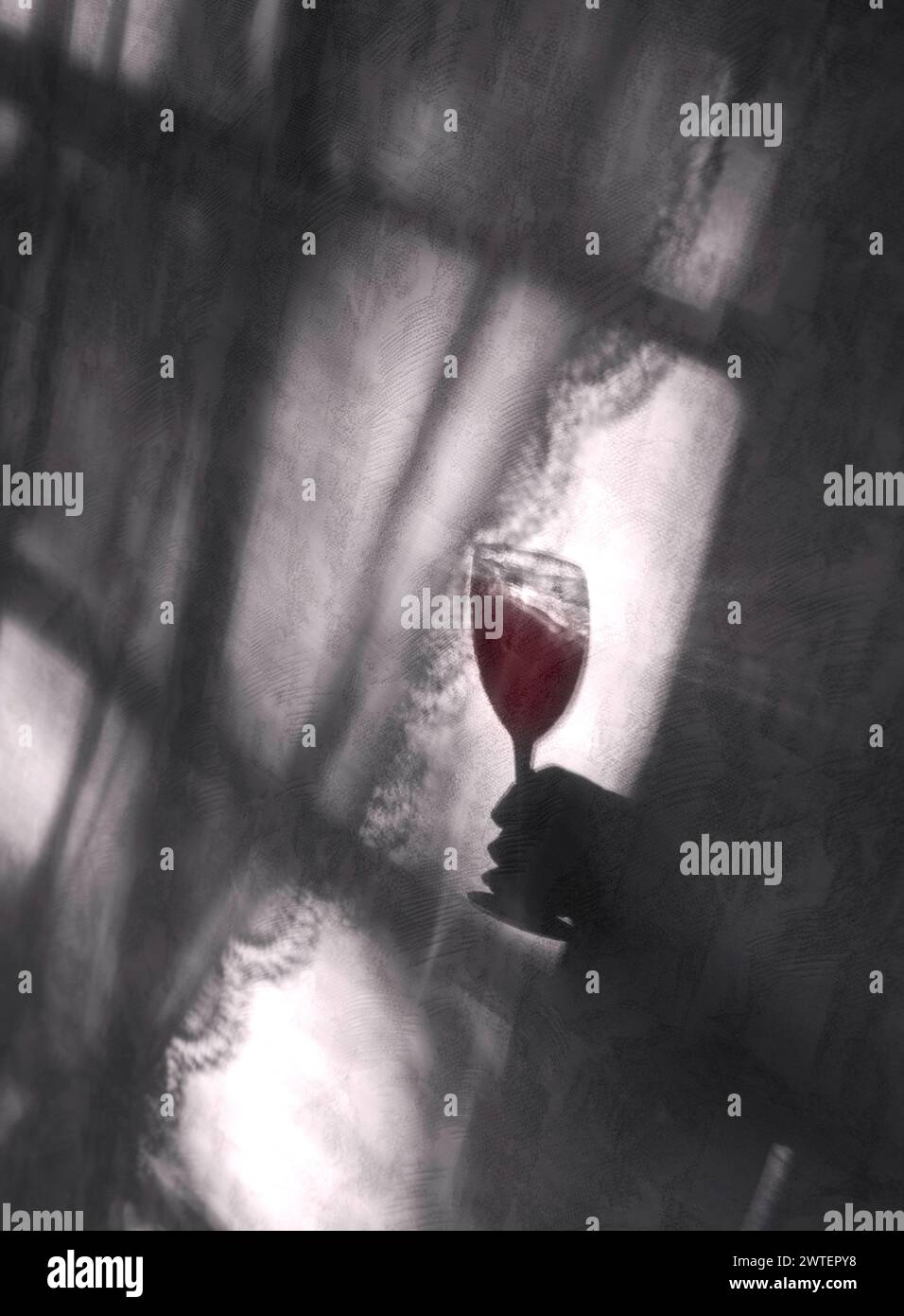 DRINKING WINE ALONE CONCEPT EVOCATIVE LIFESTYLE with sun silhouette ...