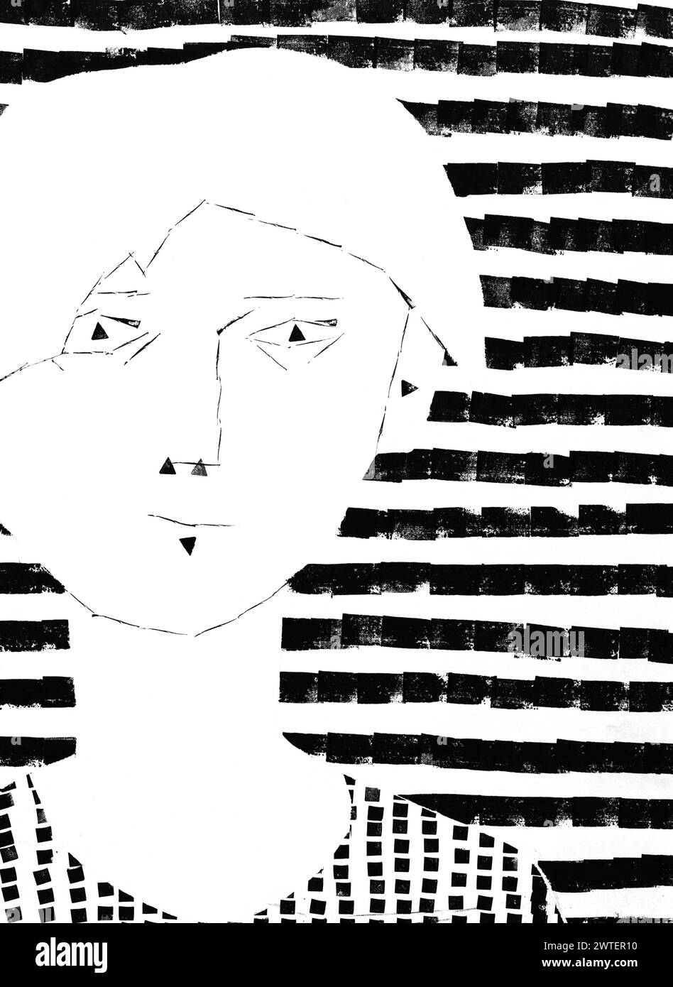 portrait of guy drawn by hand inside linear and checkered black and ...