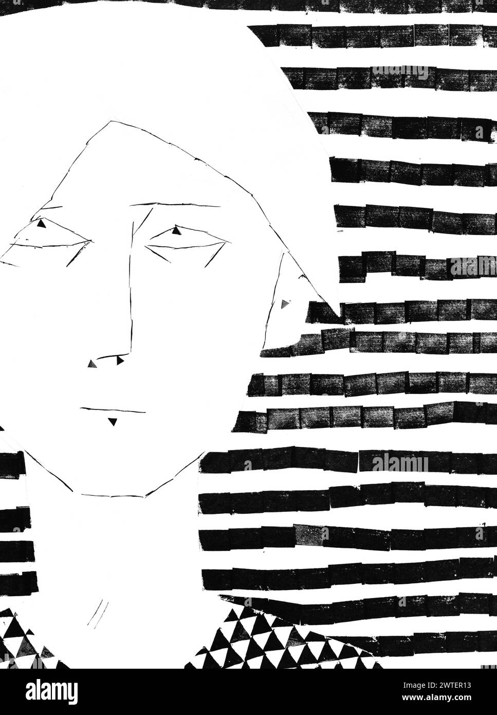 portrait of guy drawn by hand inside linear and triangular black and ...