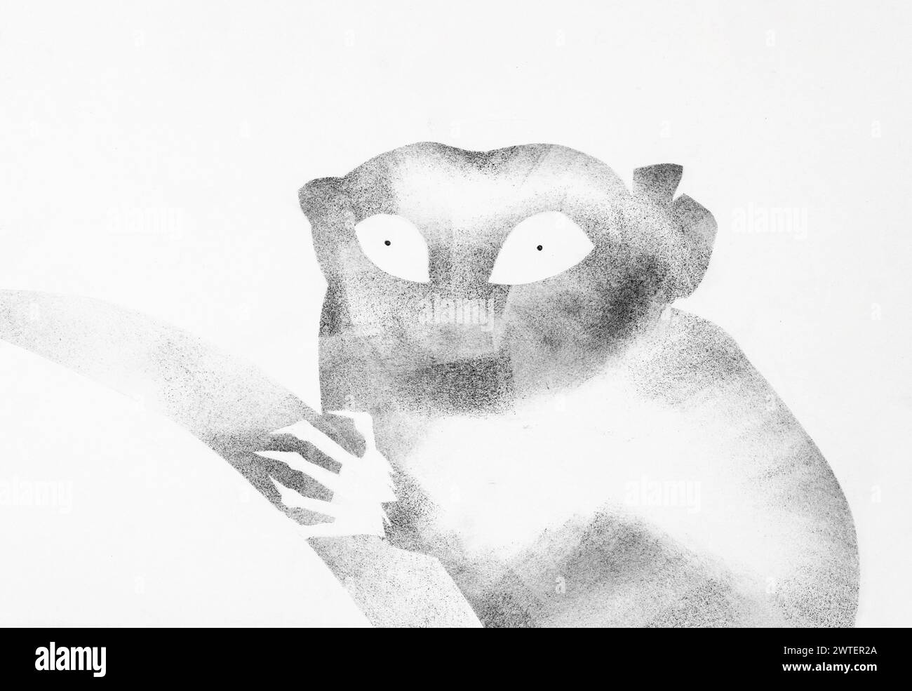 one lemur on tree branch close up drawn by hand with stamp with black ...