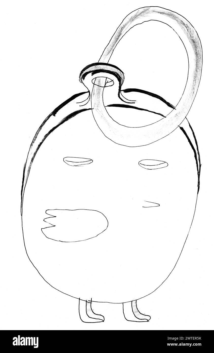 sketch of keychain in shape of egg or chick drawn by hand in black ink ...