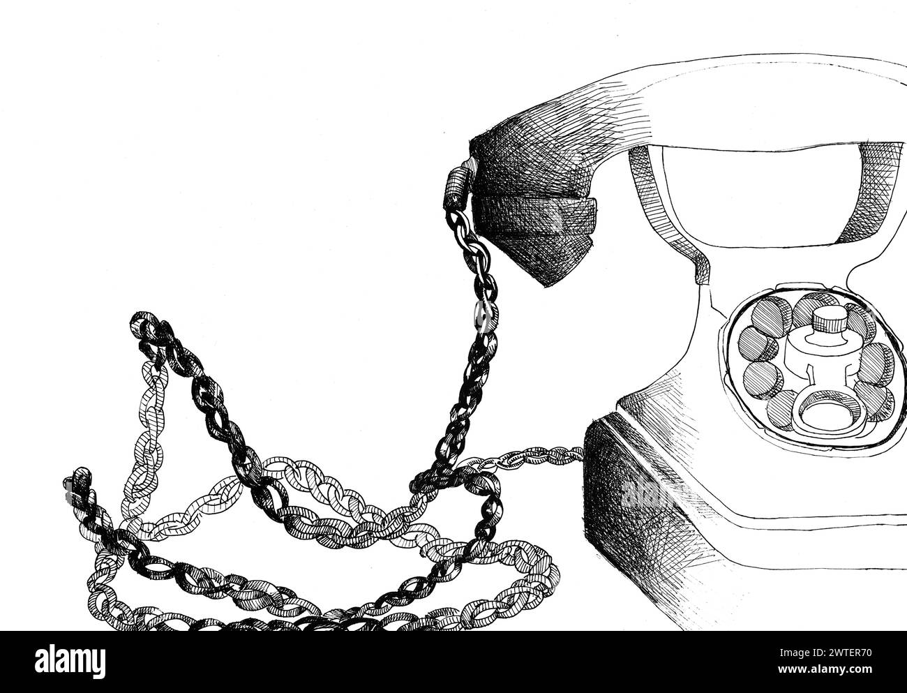 detail of vintage rotary dial telephone drawn by hand with black ink on ...