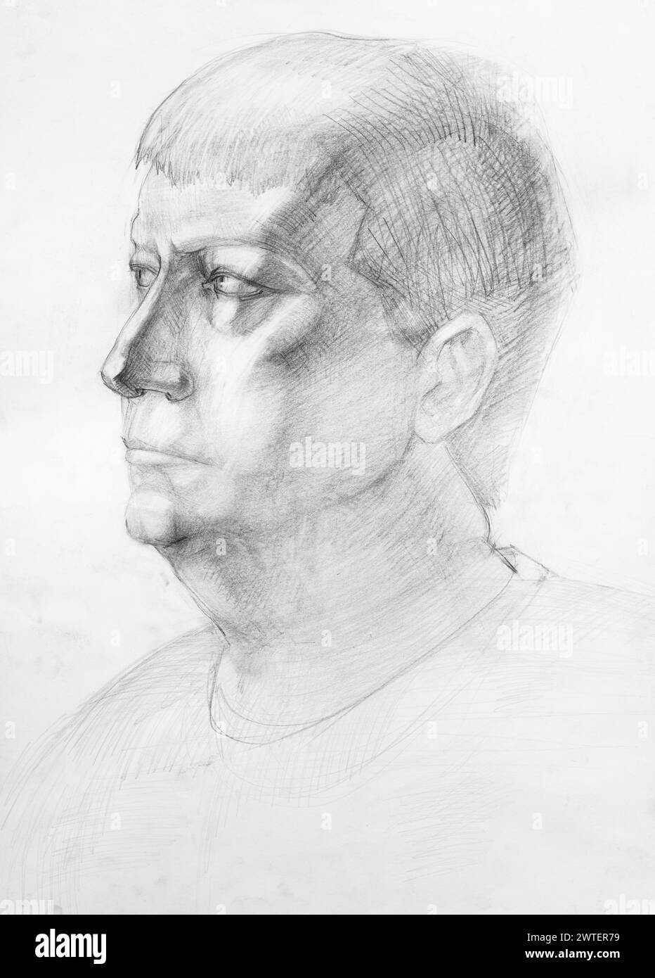 Study portrait of aged man hand-drawn by graphite pencil on white paper ...