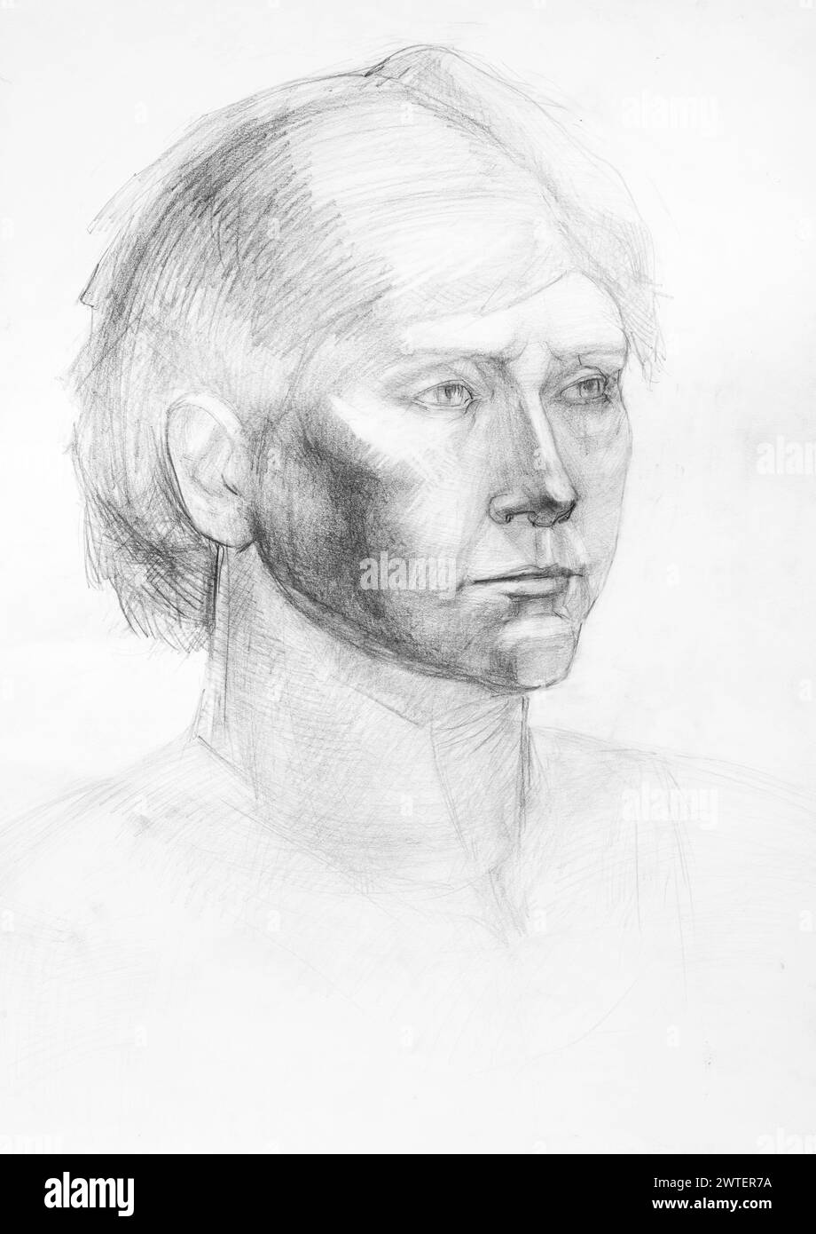 Study portrait of boy hand-drawn by graphite pencil on white paper ...