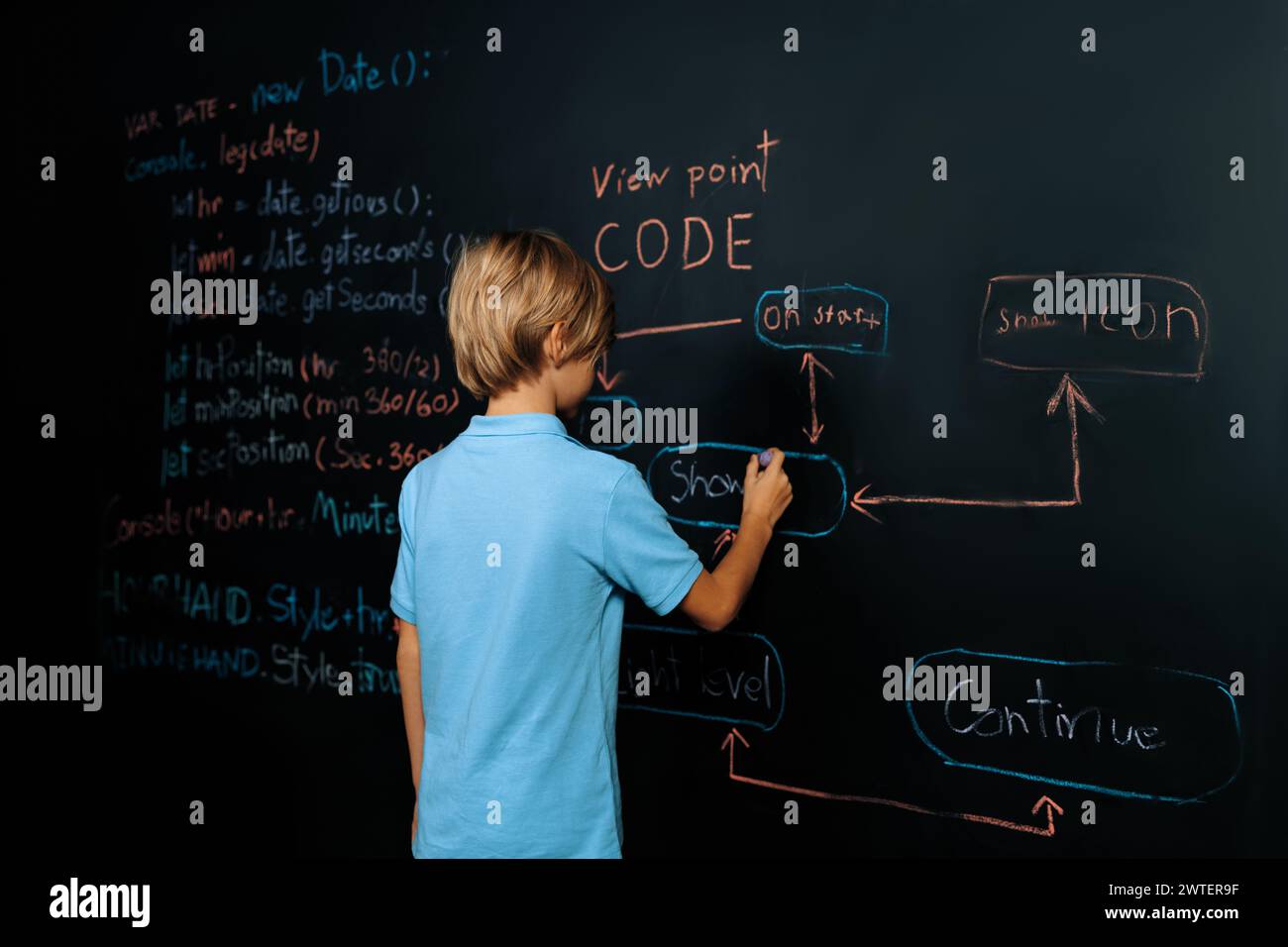 Back view of boy writing a code on blackboard while stand and think ...