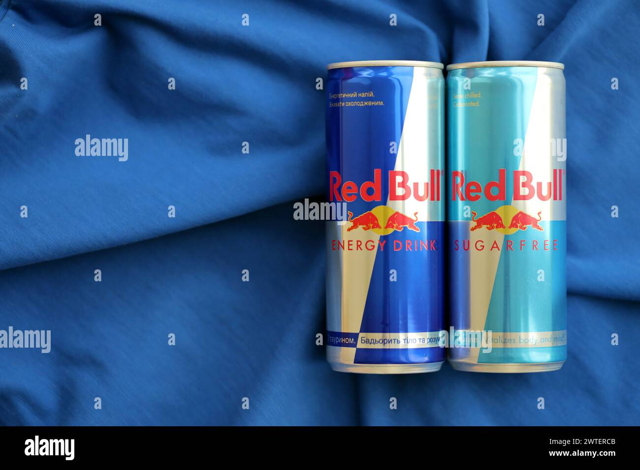 TERNOPIL, UKRAINE - JULY 7, 2023 Red Bull energy drink aluminium tin ...