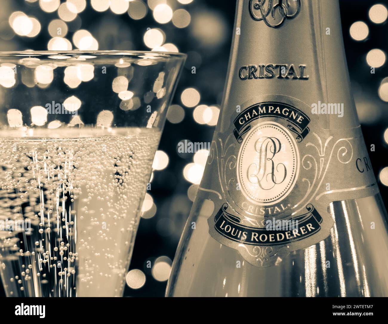 CRISTAL CHAMPAGNE RETRO VINTAGE SEPIA B&W STYLE Bottle and freshly ...
