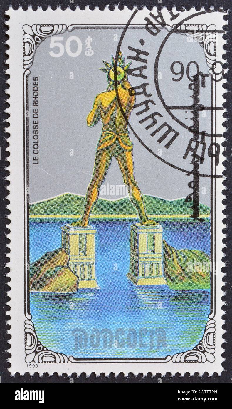 Cancelled postage stamp printed by Mongolia, that shows Colossus of ...