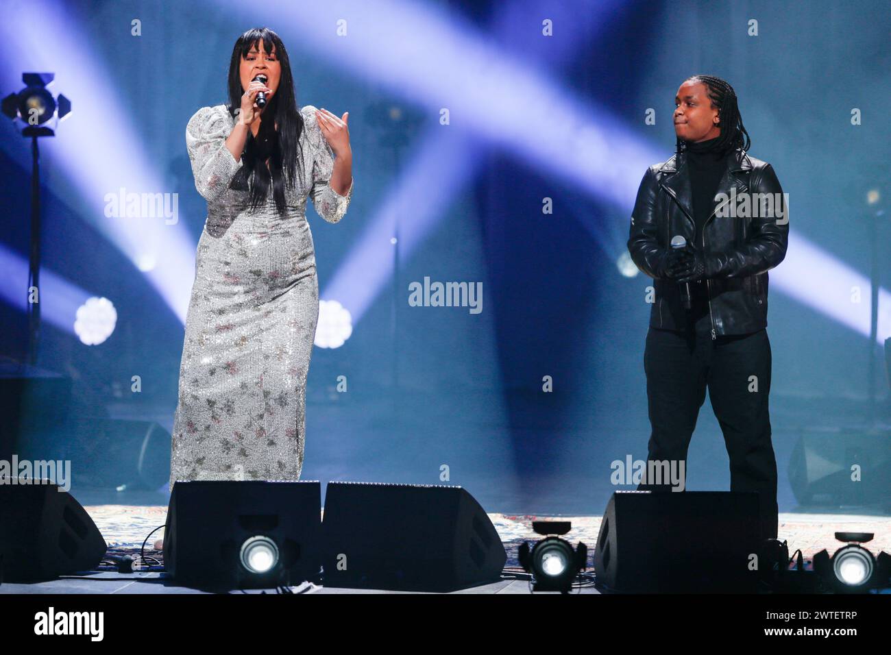 Oslo 20240317.Isah (right) and Maria Mena on stage in Oslo Spektrum ...