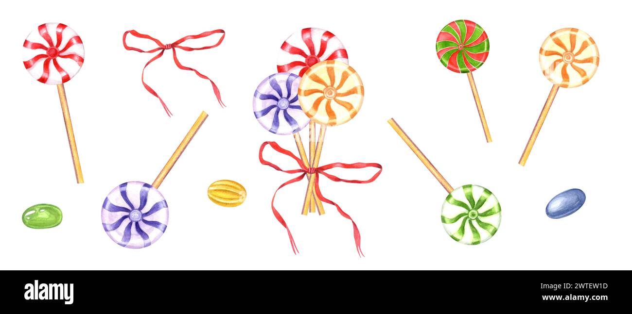 Fruit candy, spiral lollipops on stick. Sweet bouquet with bows. Round ...