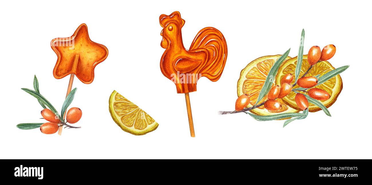 Orange lollipops in the shape of star and rooster, cockerel, chicken ...
