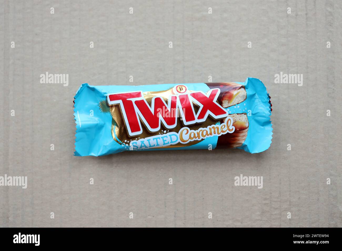 TERNOPIL, UKRAINE - JULY 7, 2023 Twix salted caramel blue wrapper on ...