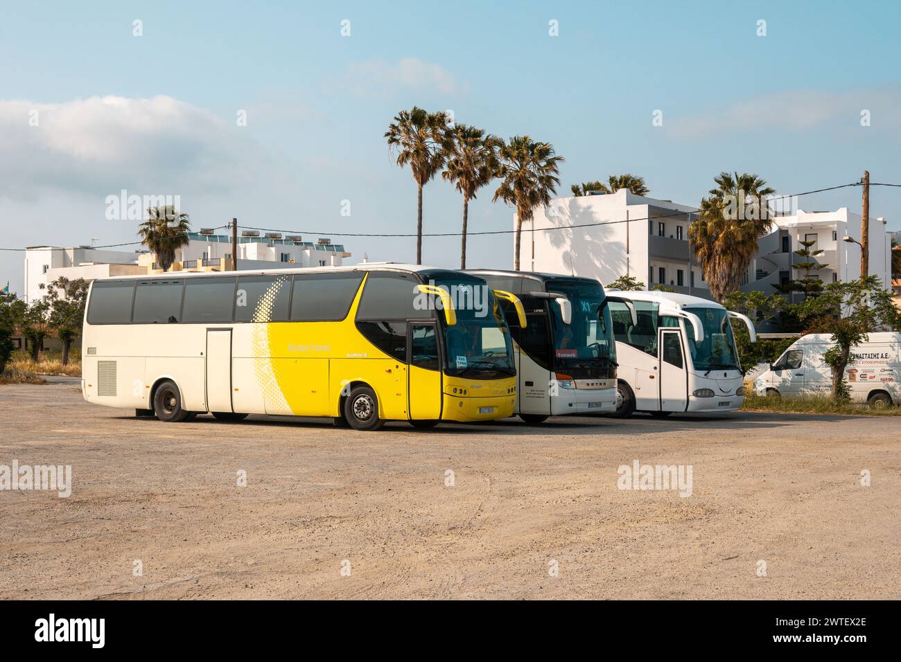 Kos, Greece - May 12, 2023: Sightseeing buses in the parking lot in the ...