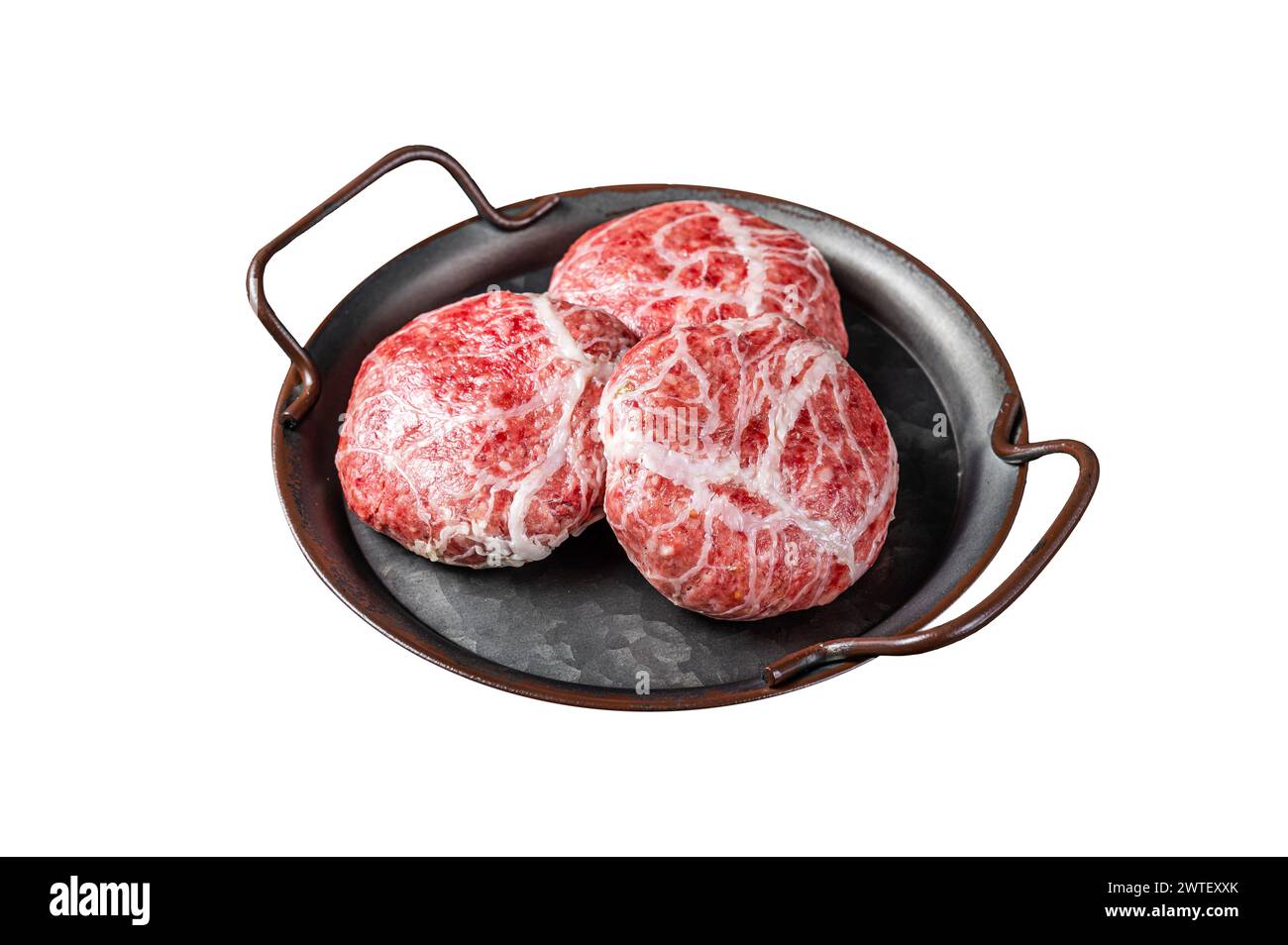 Raw pork cutlet, Crepinette with spices and herbs Isolated on white ...