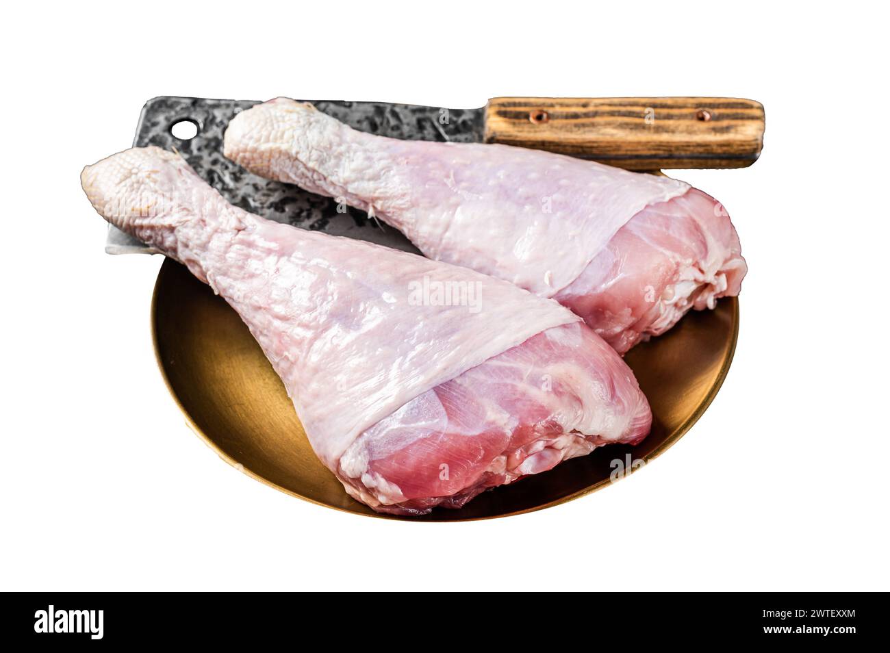 Fresh turkey legs Drumsticks, raw Poultry meat with butcher cleaver ...