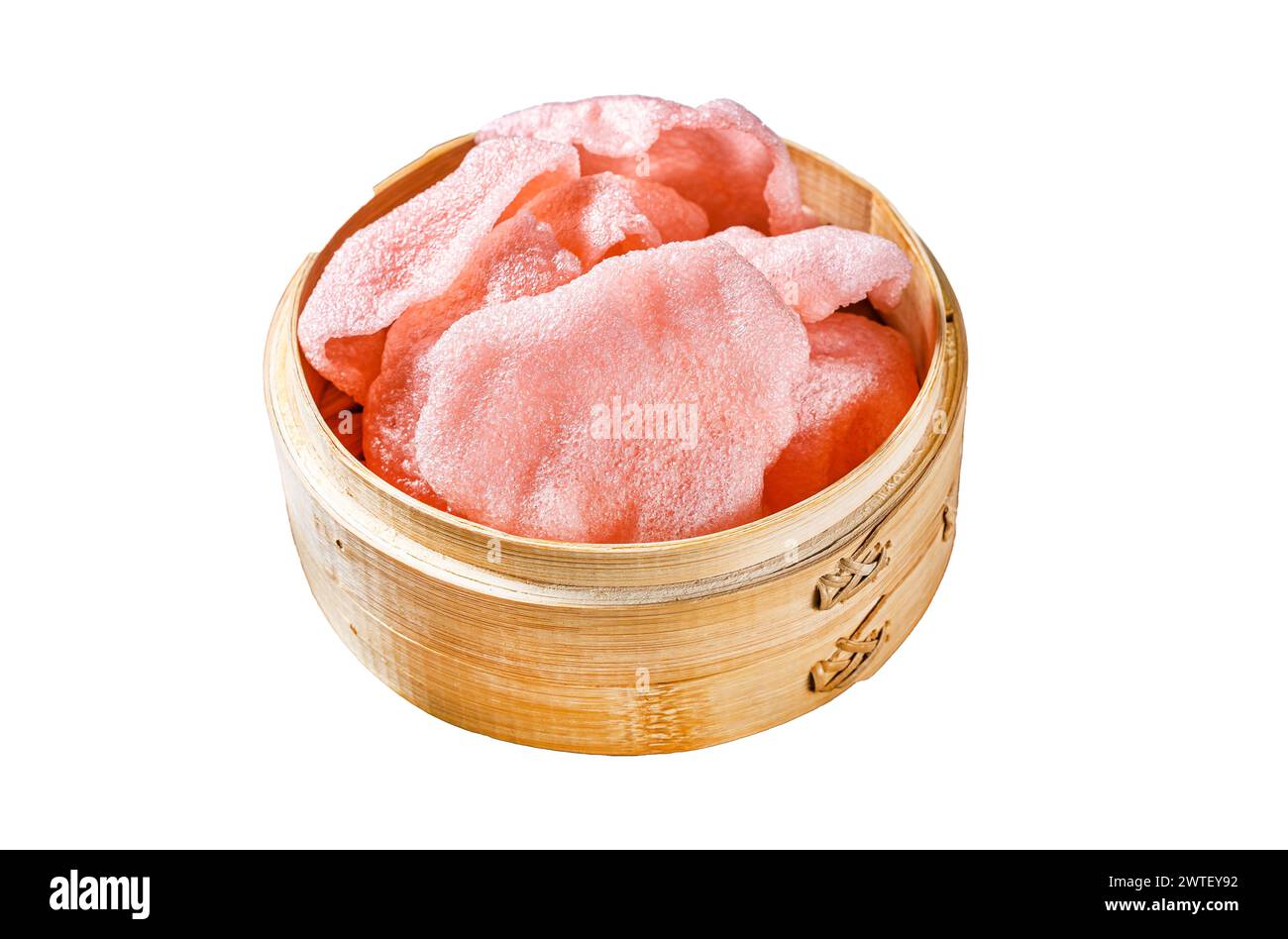 Indonesian prawn shrimp crackers or chips with sauce. Isolated on white ...