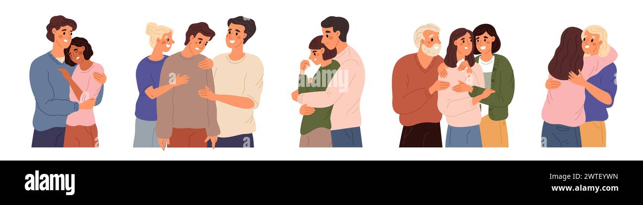 Friends comforting. People condoling. Depressed persons. Sad emotion expressions. Couple hugging ...