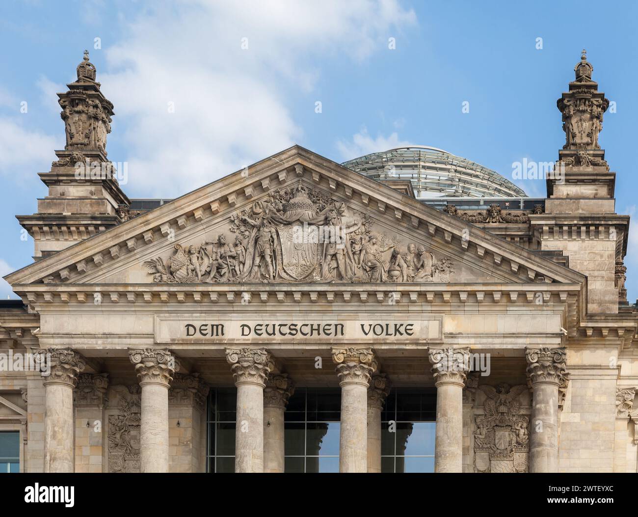 Detail of the Reichstag, Berlin, Germany. Dem Deutschen Volke means For ...